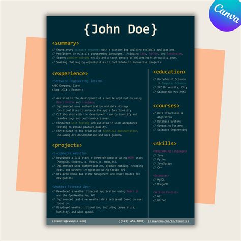 Code Editor Style Resume Template Dark Theme Modern And Professional Design Canva Resume