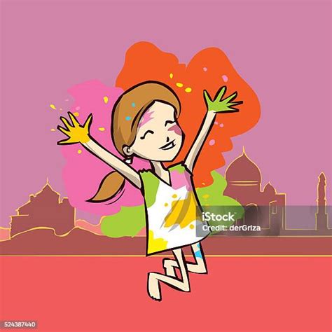 용 여자아이 Celebrating 홀리 축제입니다 손 드로잉 카툰 벡터 일러스트레이션 감정에 대한 스톡 벡터 아트 및 기타 이미지 감정 공휴일 다중 색상 Istock
