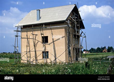 Basic Scaffolding Made From Wood Nailed Together On Newly Built House Slovenia Stock Photo Alamy