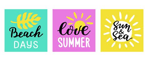 해변의 날 사랑의 여름 태양과 바다의 손으로 그린 글자 따옴표 사각형 카드 몬스테라 리프 플랫 스타일 그림입니다 재미있는 손으로 쓴 문구 Eps 10 벡터 엽서 디자인