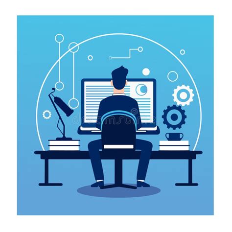 Flat Vector Illustration Of A Man Working At A Computer In Blue Tones
