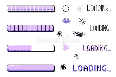 Pixel Art Loading Bar Interface 8 Bit Game Progress Button Elements Set And Stock Illustration