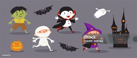 해피 할로윈 마녀 뱀파이어 미라 구울 죽은 유령 박쥐 성 호박 의상에 대한 스톡 벡터 아트 및 기타 이미지 의상 할로윈