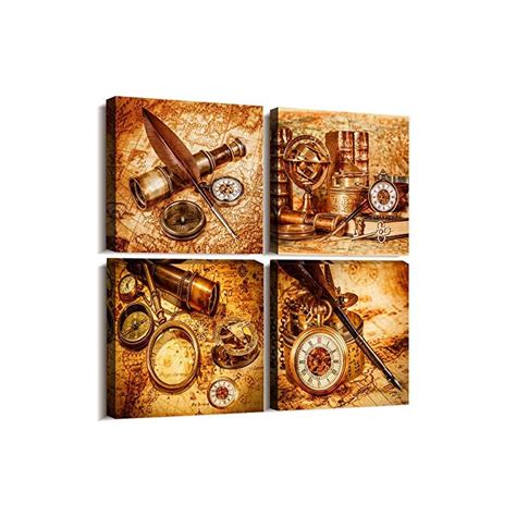 Nautical Map Compass Vintage Golden Canvas Wall Art For Office Canvas