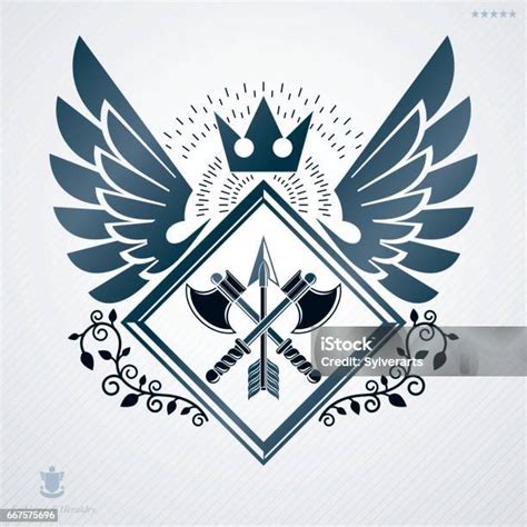 벡터 복고풍 휘장 디자인 날개로 장식 하 고 로얄 크라운과 축 교차 같은 빈티지 요소를 사용 하 여 만든 고풍스런에 대한 스톡 벡터 아트 및 기타 이미지 Istock