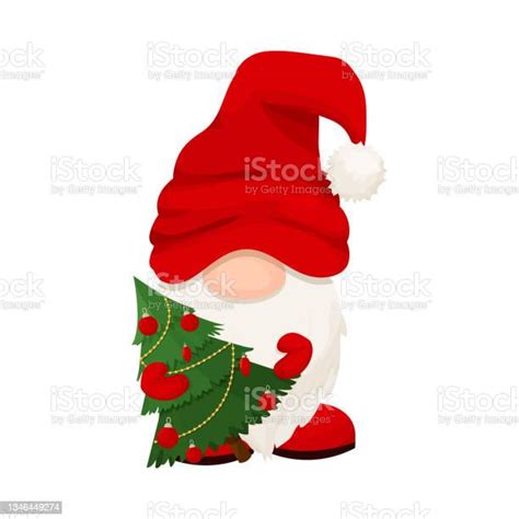 귀여운 크리스마스 노움 만화 스타일의 빨간 모자에 엘프 흰색 배경에 고립 된 새해 인사말 캐릭터 수염과 전통적인 재미있는 요정 벡터 일러스트레이션 가공의 인물에 대한 스톡