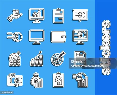 선 파이 차트 인포그래픽 이력서 컴퓨터 모니터 문서 화면 머니 핸드 및 지갑 아이콘을 설정합니다 벡터 가방에 대한 스톡 벡터