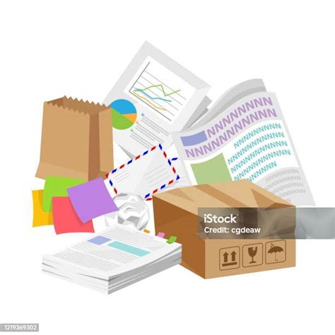 흰색 배경에 고립 된 종이 폐기물 재활용용 종이 쓰레기 더미 폐지 또는 쓰레기 재활용 문서 사무실 재활용 및 분리를위한 그림 종이 폐기물 가득 찬에 대한 스톡 벡터 아트 및