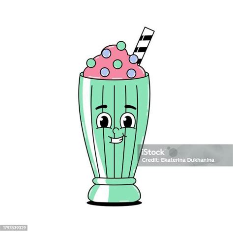 복고풍 그루비 만화 캐릭터 패스트 푸드 밀크 쉐이크 사이키델릭한 미소와 감정을 가진 빈티지 마스코트 펑키 벡터 일러스트 레이 션 1960 1969 년에 대한 스톡 벡터 아트