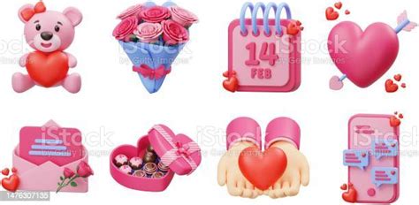 3d 세인트 발렌타인 아이콘 세트 러브 레터 꽃 꽃다발 하트 화살표 로맨틱 선물 귀여운 테디 베어 관계 커플 Ux Ui 웹 디자인 요소 3d 렌더링 그림 긍정적인 감정