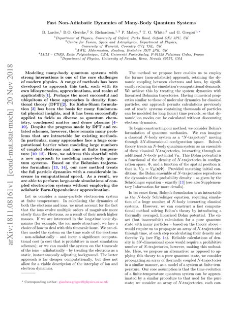 PDF Fast Non Adiabatic Dynamics Of Many Body Quantum Systems