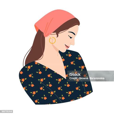 벡터 일러스트 레이 션 초상화 의 아름 다운 소녀 와 와 함께 머리 스카프와 꽃 블라우스 머리 스카프에 대한 스톡 벡터 아트 및