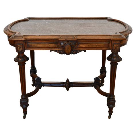 Antique Renaissance Revival Brooks Walnut Oval Marble Top Parlor Table