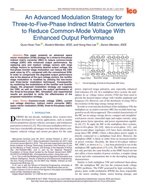 Pdf An Advanced Modulation Strategy For Three To Five Phase Indirect Matrix Converters To