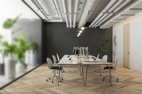 현대적인 햇볕이 잘 드는 에코 작업 사무실 인테리어 디자인은 천장에 현대적인 노트북 쪽모이 세공 마루 조명 파이프와 매트 유리 벽 3d 렌더링 뒤에 있는 녹색 식물을 갖춘