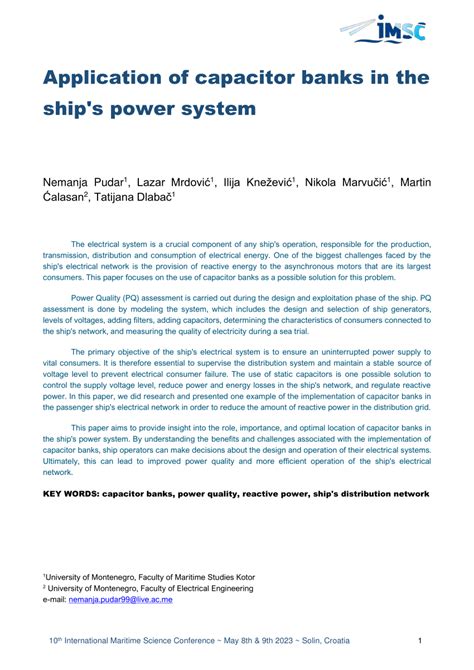 Pdf Application Of Capacitor Banks In The Ships Power System