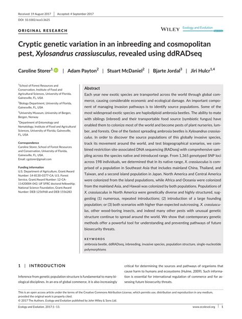Pdf Cryptic Genetic Variation In An Inbreeding And Cosmopolitan Pest Xylosandrus