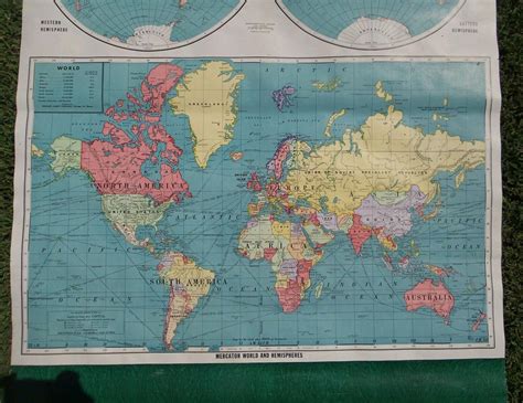 Vintage Mercator School Classroom World Wall Pull Down Map Geography Europe Usa 1829146598