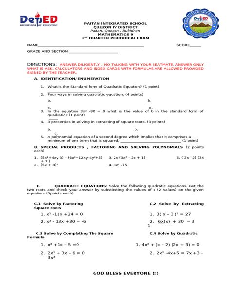 Math 1st Quarter Exam Grade 9 Pdf
