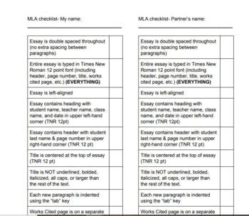 MLA Checklist By Marissa Morris TPT