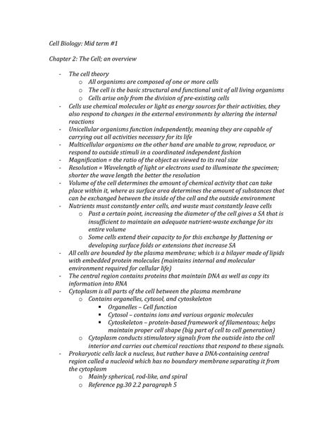 Cell Biology Midterm Cell Biology Mid Term Chapter The An Overview The Cell Theory O All
