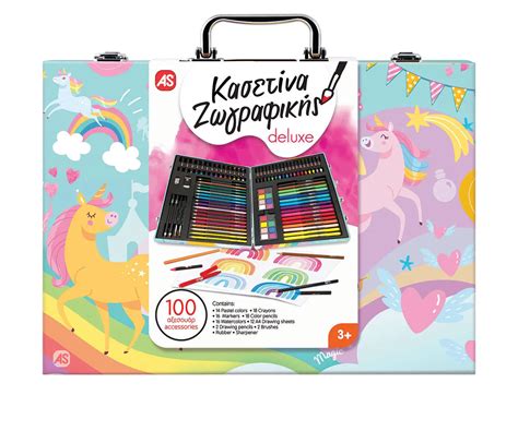 Комплект дървен луксозен куфар за рисуване за деца с пастели и акварелни боички Еднорог със 100