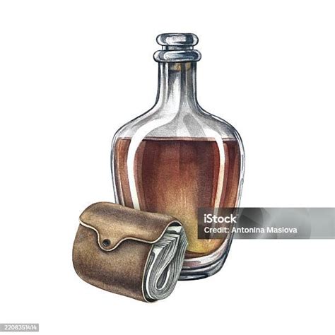 코냑과 돈이 가득 든 지갑 수제 수채화 그림 남성을 테마로 한 빈티지 스타일의 컬러 이미지입니다 부유하고 부유한 사람입니다 배너 전단지 초대장 포스터용 0명에 대한 스톡