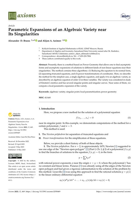 Pdf Parametric Expansions Of An Algebraic Variety Near Its Singularities