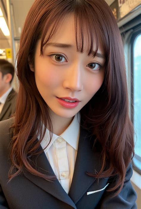 Beautiful Brown Haired Woman Commuter Trains In Japancrowded Car