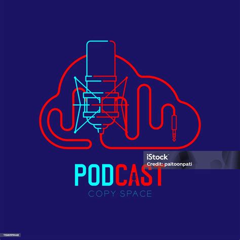 마이크 로고 아이콘 개요 스트로크 클라우드 모양 프레임 케이블 대시 라인 디자인 팟 캐스트 인터넷 라디오 프로그램 개념 일러스트 는 Podcast 텍스트와 어두운 파란색