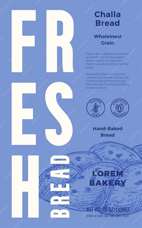 신선한 구운 빵 추상적인 벡터 포장 디자인 레이블 현대 타이포그래피 배너 손으로 그린 찰라 덩어리 스케치 실루엣 색 종이 배경 레이아웃 절연 프리미엄 벡터