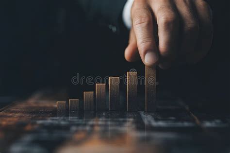 Hand Placing Wooden Block On Top Of Ascending Stack Of Blocks Stock