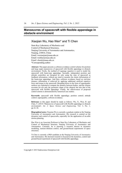 Pdf Manoeuvres Of Spacecraft With Flexible Appendage In Obstacle Environment