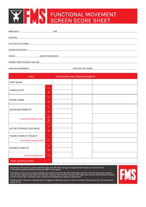 Functional Movement Screen Score Sheet Printable Pdf Download
