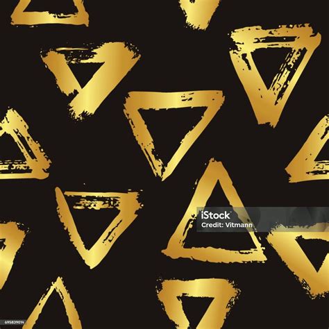 벡터 브러시 삼각형 골드 원활한 패턴 어두운 배경에 그라디언트 색상 손으로 그린 그레인 텍스처 잉크 기하학적 요소입니다 패션