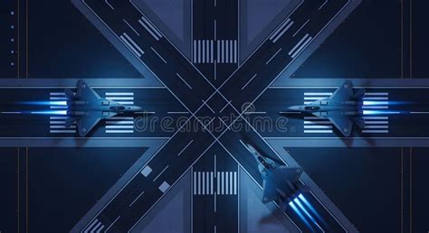 Three Fighter Jets On A Dark Symmetrical Airport Runway Intersection