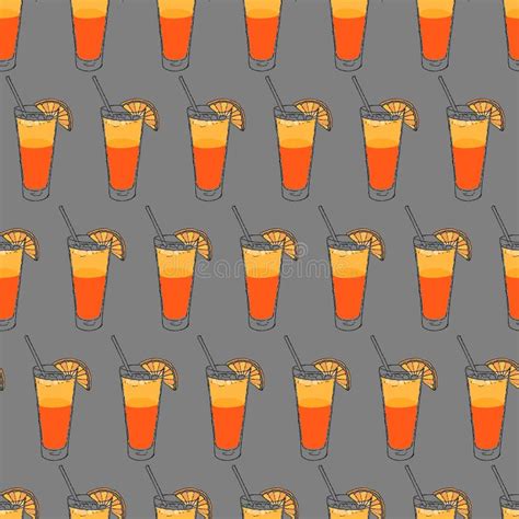 Sex On The Beach Cocktail Seamless Pattern Hand Drawing Sketch Outlines On Blue Background