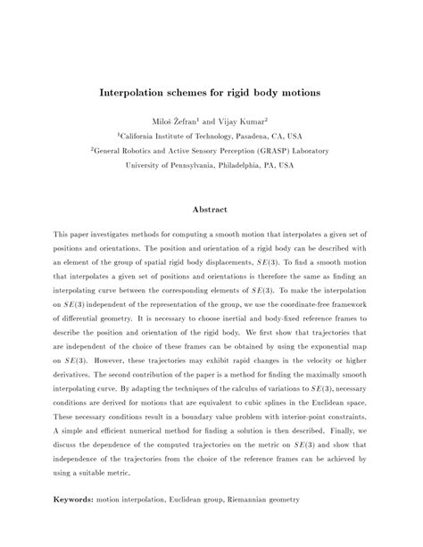 Pdf Interpolation Schemes For Rigid Body Motions