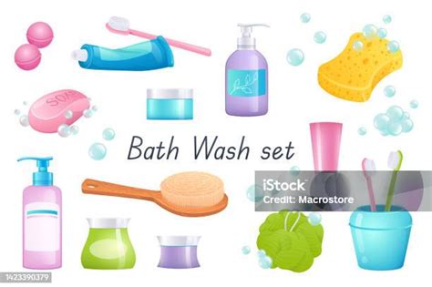 목욕 세척 액세서리 3d 현실적인 세트 목욕 폭탄 치약 칫솔 액체 비누 스폰지 크림 샴푸 병 브러시 및 기타 격리 된 욕실 요소 번들 벡터 일러스트 레이 션 3차원 형태에