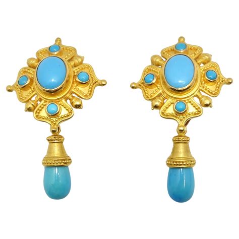 Carolyn Tyler 22k Gold Sleeping Beauty Turquoise Dangle Earrings At