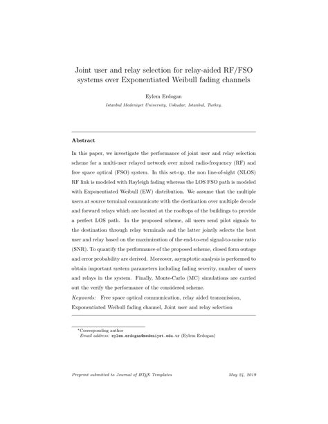 Pdf Joint User And Relay Selection For Relay Aided Rf Fso Systems Over Exponentiated Weibull