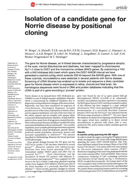 Pdf Isolation Of A Candidate Gene For Norrie Disease By Positional Cloning