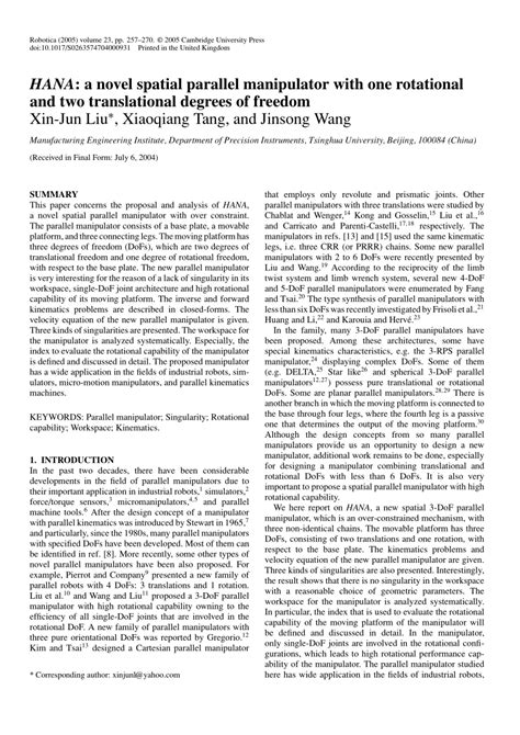 Pdf Hana A Novel Spatial Parallel Manipulator With One Rotational And Two Translational