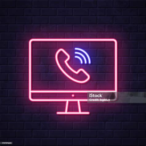전화가 걸려오는 데스크톱 컴퓨터 벽돌 벽 배경에 빛나는 네온 아이콘 개념에 대한 스톡 벡터 아트 및 기타 이미지 개념 네온 데스크탑 컴퓨터 Istock