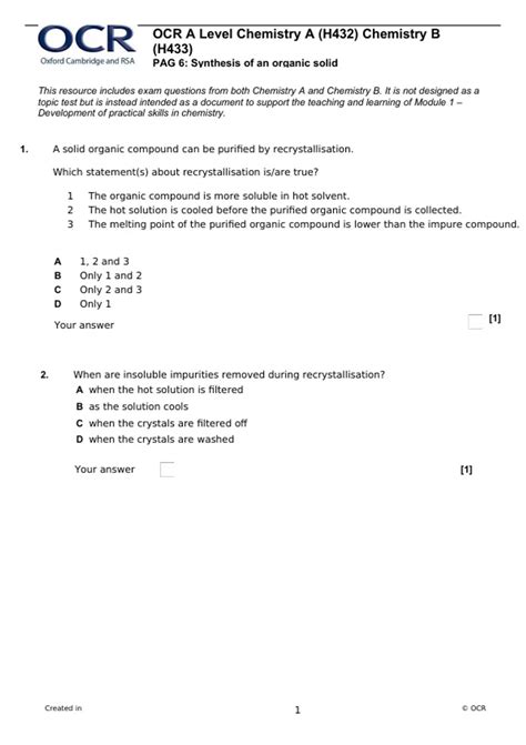 OCR A Level Chemistry A H432 Chemistry B H433 PAG 6 Synthesis Of An Organic Solid Practice
