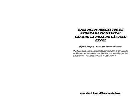 Ejercicios Resueltos De Programación Lineal Usando La Hoja De Cálculo Excel Giussepe Mori