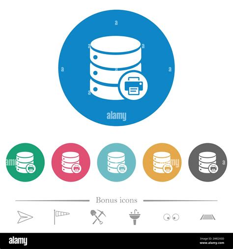 Print Database Data Flat White Icons On Round Color Backgrounds 6 Bonus Icons Included Stock
