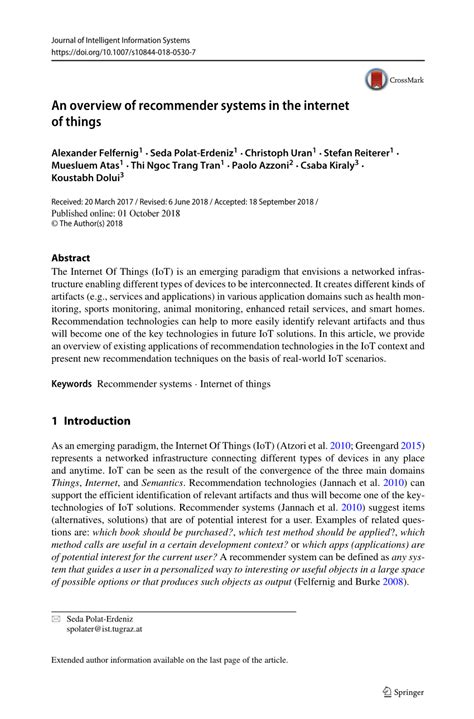 Pdf An Overview Of Recommender Systems In The Internet Of Things