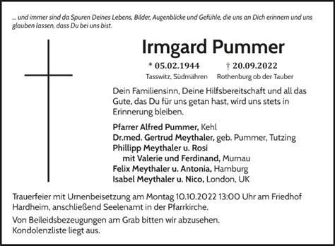 Traueranzeigen Von Irmgard Pummer Trauerportal Ihrer Tageszeitung