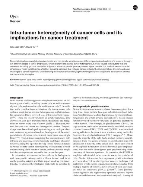 Pdf Intra Tumor Heterogeneity Of Cancer Cells And Its Implications For Cancer Treatment